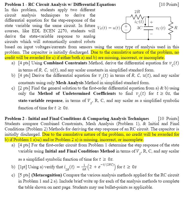 Solved Problem 1 - RC Circuit Analysis w/ Differential | Chegg.com