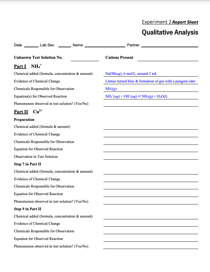 Solved Qualitative Analysis Experiment 2 Report Sheet Date | Chegg.com