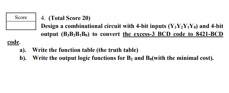 Solved 4. (Total Score 20) Design a combinational circuit | Chegg.com