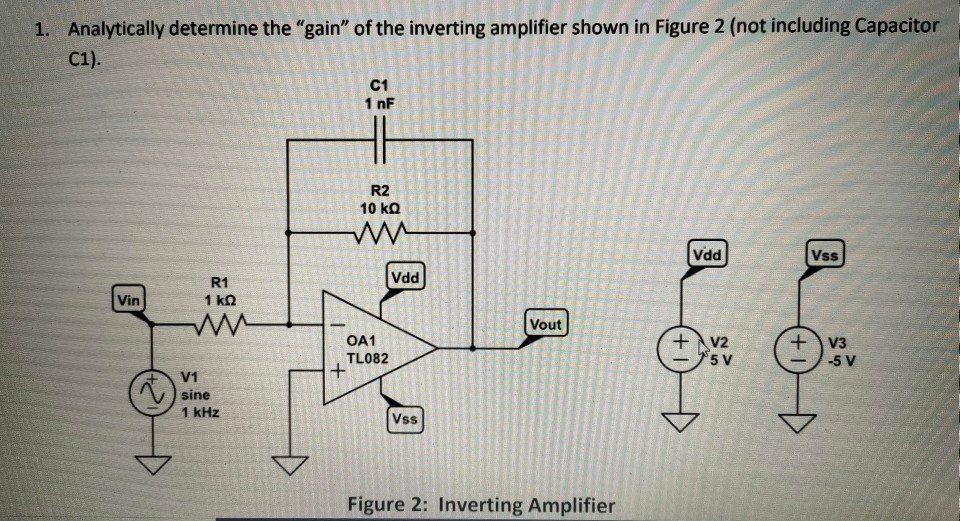 Solved 1. Analytically determine the "gain" of the inverting | Chegg.com