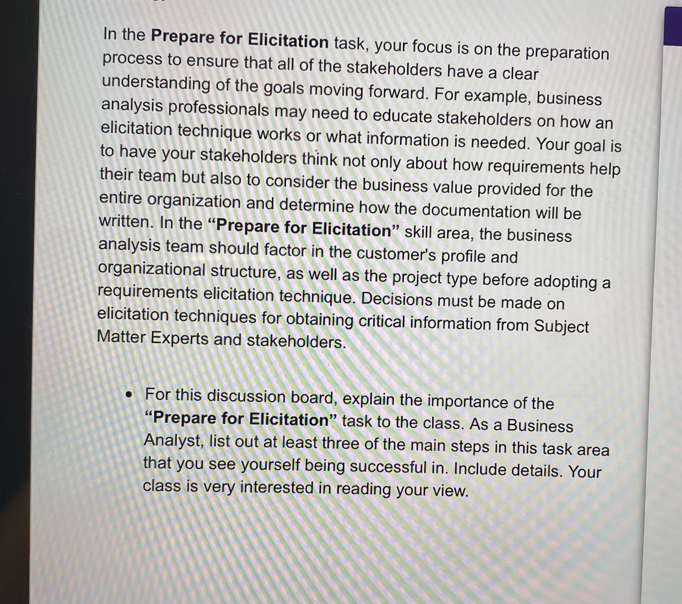 Solved In the Prepare for Elicitation task, your focus is on | Chegg.com