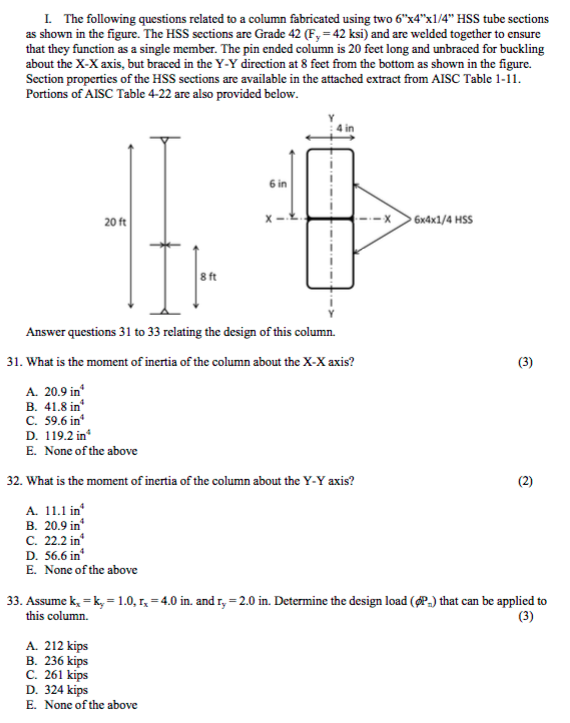 Solved I. The following questions related to a column | Chegg.com