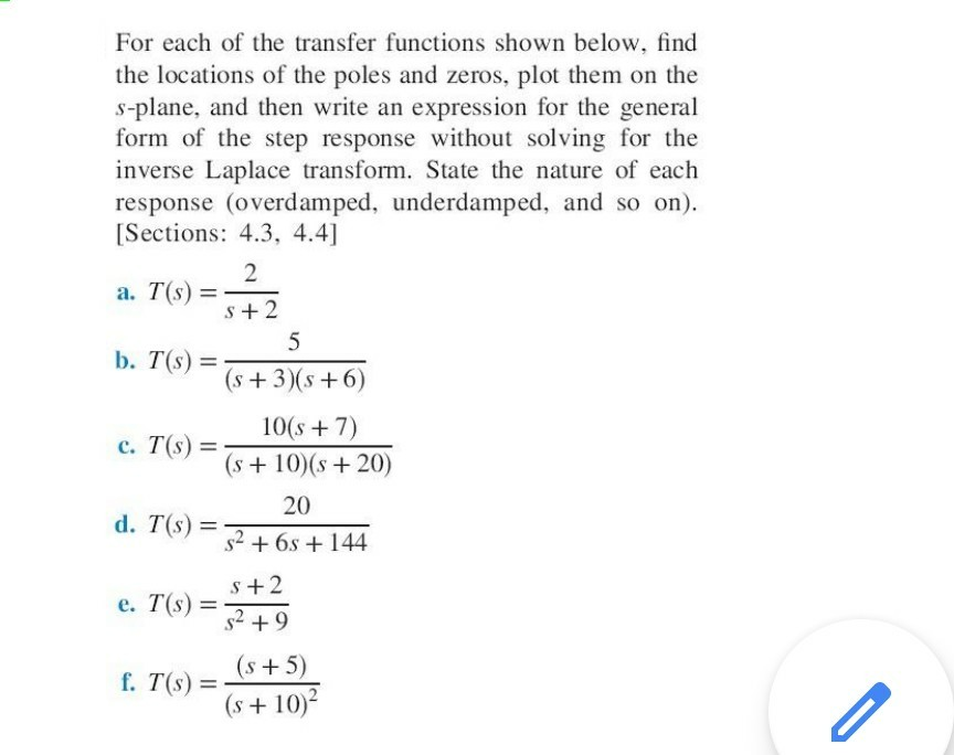 Solved For each of the transfer functions shown below, find | Chegg.com