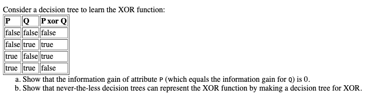 Solved Consider a decision tree to learn the XOR function: | Chegg.com