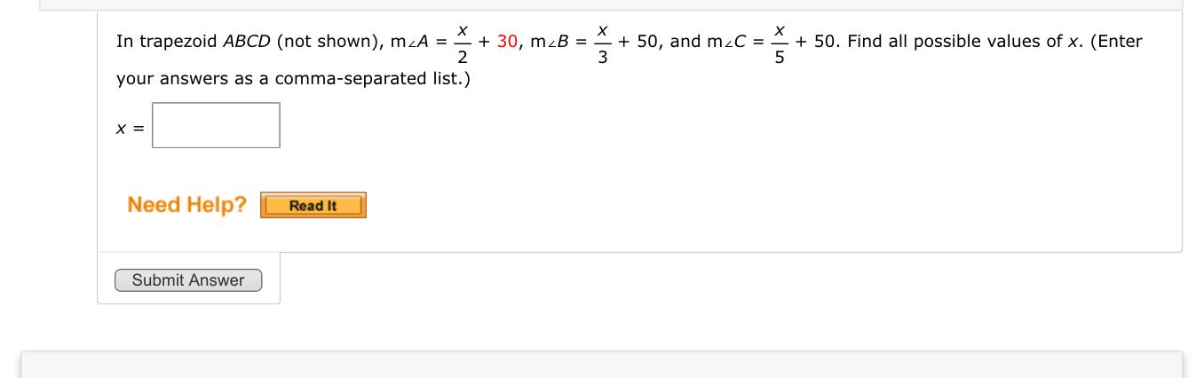 Solved In trapezoid ABCD (not shown), m∠A=2x+30, m∠B=3x+50, | Chegg.com