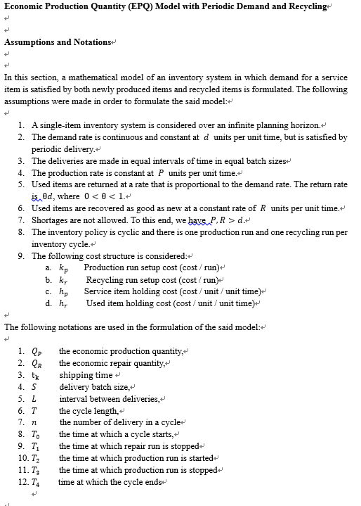 Economic Production Quantity (EPQ) Model with | Chegg.com