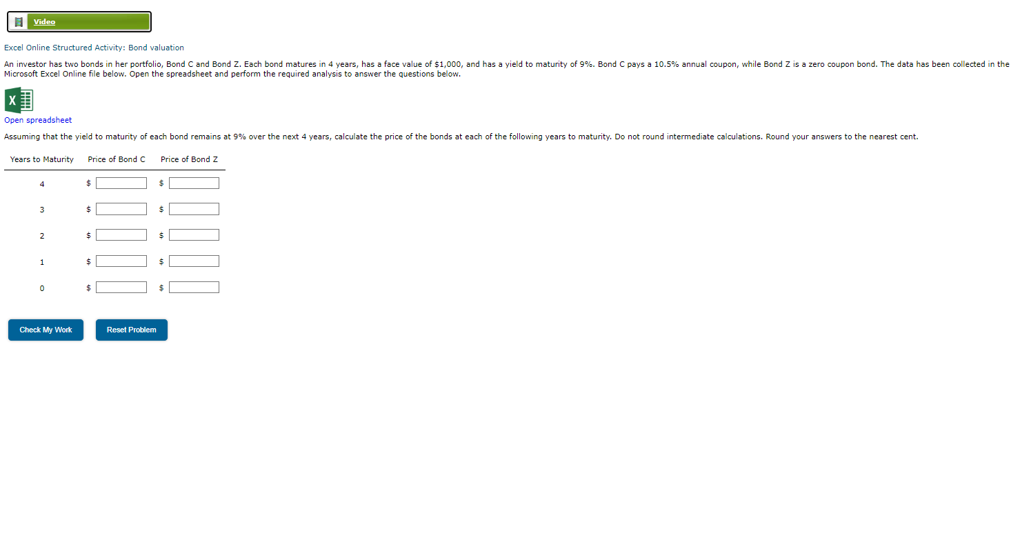 Solved Excel Online Structured Activity: Bond valuation | Chegg.com