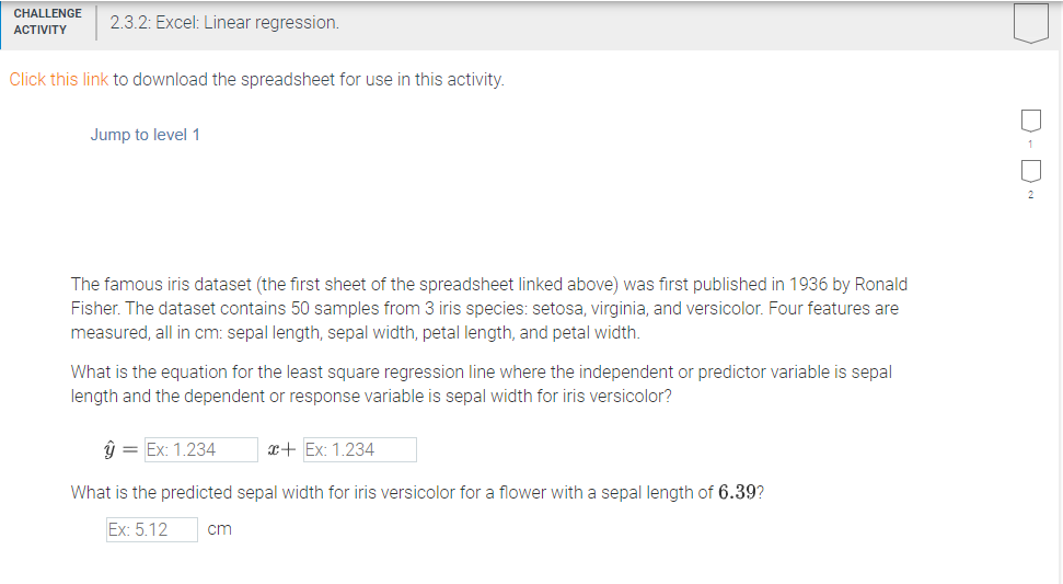 Solved Challenge Activity 232 Excel Linear Regression U 