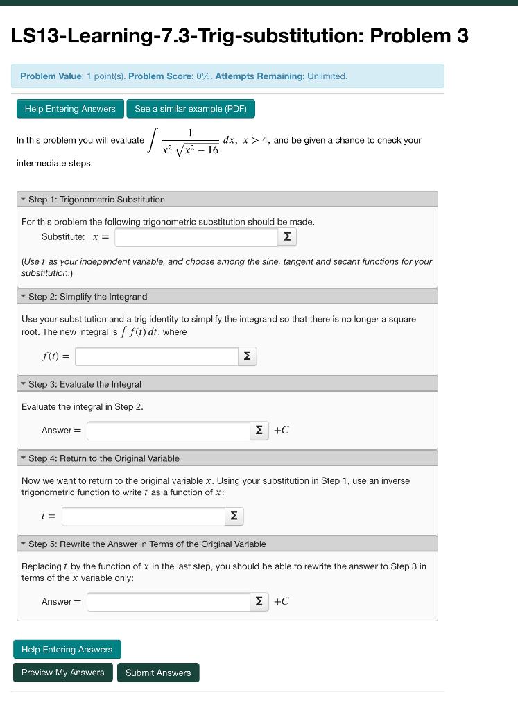 Solved LS13-Learning-7.3-Trig-substitution: Problem 3 | Chegg.com