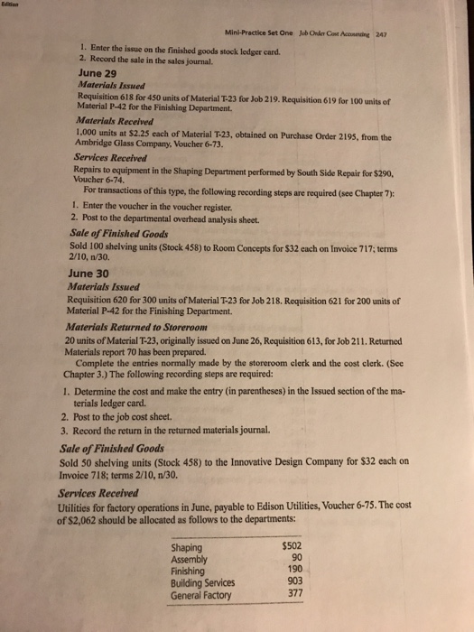 249 Mini-Practice Set One Job Order Cost Accounting | Chegg.com