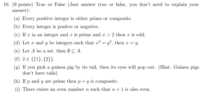 Solved 10. (9 points) True or False (Just answer true or | Chegg.com