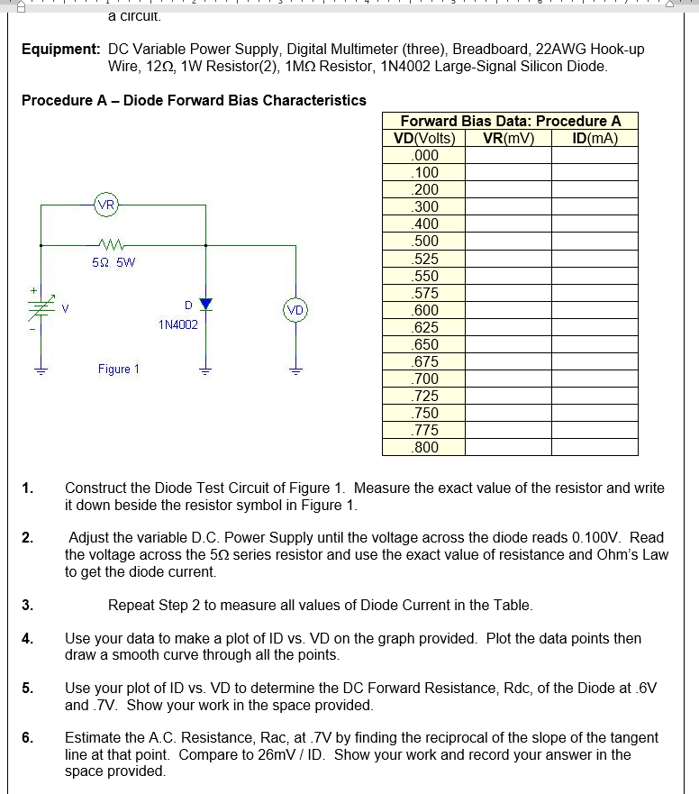 Solved a circuit.Equipment: DC Variable Power Supply, | Chegg.com