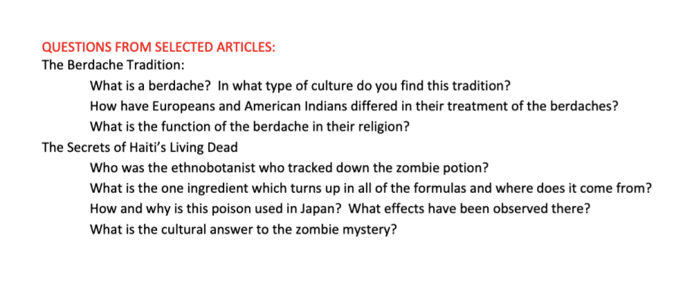 Solved QUESTIONS FROM SELECTED ARTICLES: The Berdache | Chegg.com
