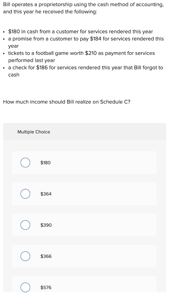 Solved Bill operates a proprietorship using the cash method | Chegg.com