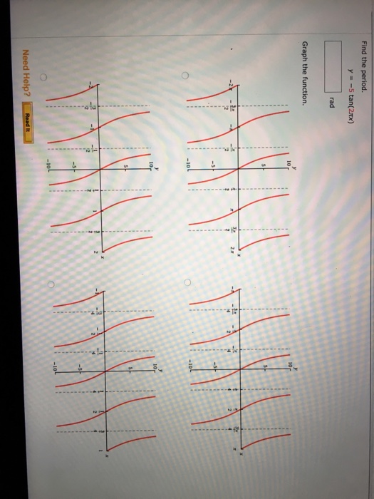 Solved Find the period. y = -5 tan(2 pi x) rad Graph the | Chegg.com