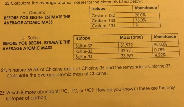 Solved 23.Calculate the average atomic masses for the | Chegg.com