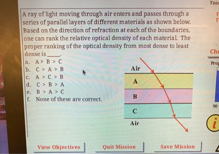 Solved Tea A ray of light moving through air enters and | Chegg.com