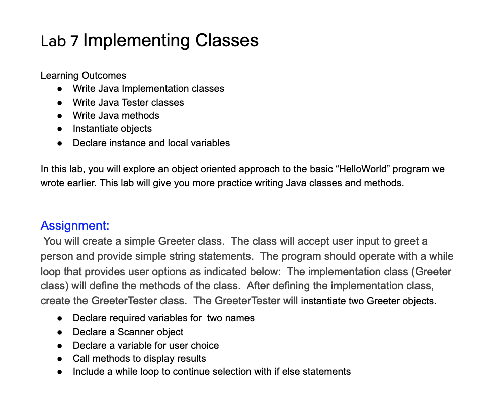 Solved Lab 7 Implementing Classes Learning Outcomes Write | Chegg.com