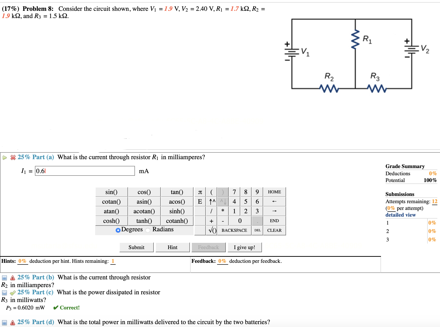Solved (17%) ﻿Problem 8: Consider the circuit shown, where | Chegg.com