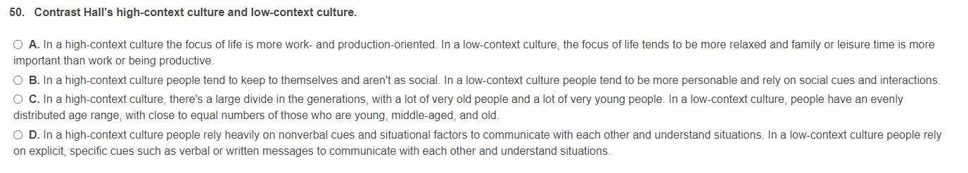 Solved 50. Contrast Hall's high-context culture and | Chegg.com