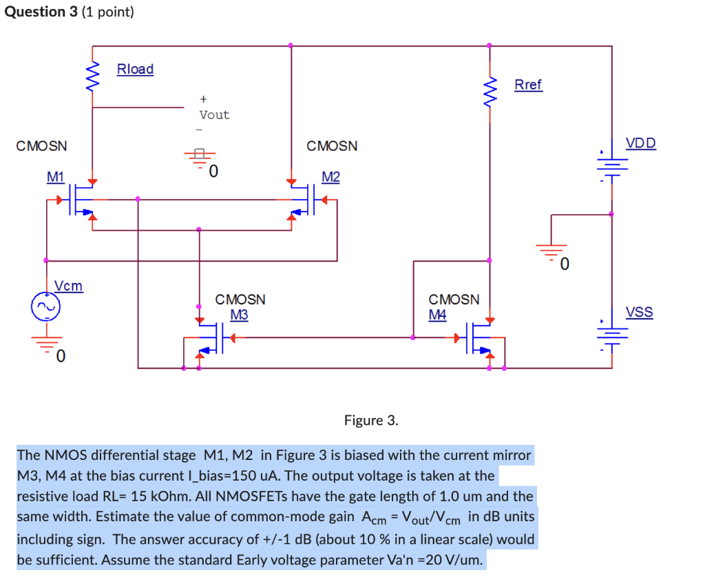 Solved The NMOS differential stage M1, M2 in Figure 3 is | Chegg.com