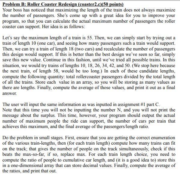 Solved Problem B: Roller Coaster Redesign (coaster2.c50 | Chegg.com