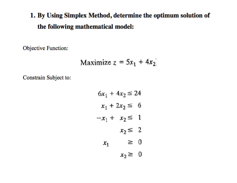 Solved 1. By Using Simplex Method, determine the optimum | Chegg.com