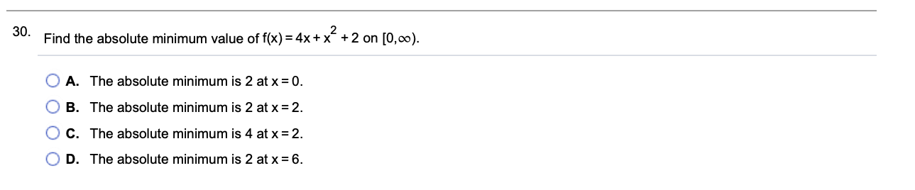 Solved d the absolute minimum value of f(x)=4x+x2+2 on [0,∞) | Chegg.com