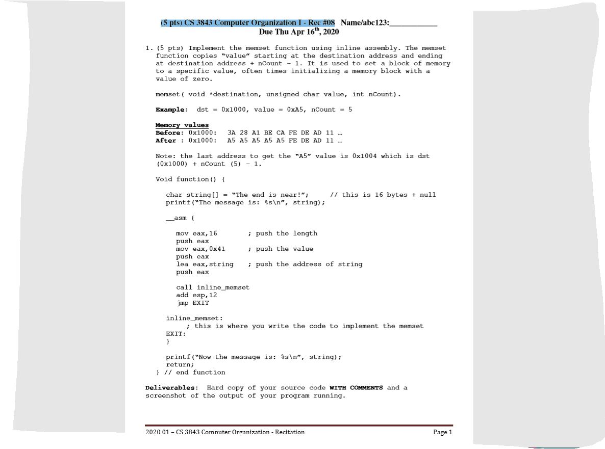 Help! with (5 pts) CS 3843 Computer Organization I - | Chegg.com