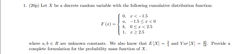 Solved 1. (20p) Let X be a discrete random variable with the | Chegg.com