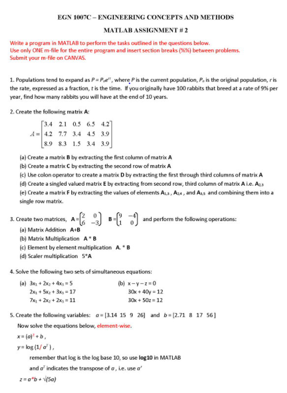 Solved EGN 1007C - ENGINEERING CONCEPTS AND METHODS MATLAB | Chegg.com