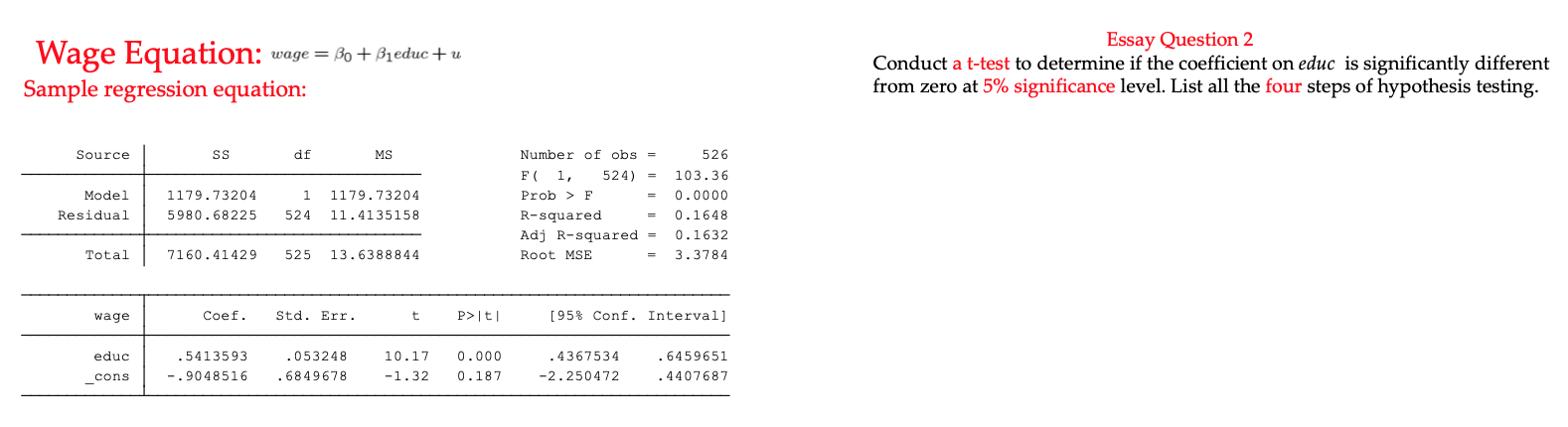 Solved Essay Question 2 Wage Equation: wage =β0+β1 educ +u | Chegg.com