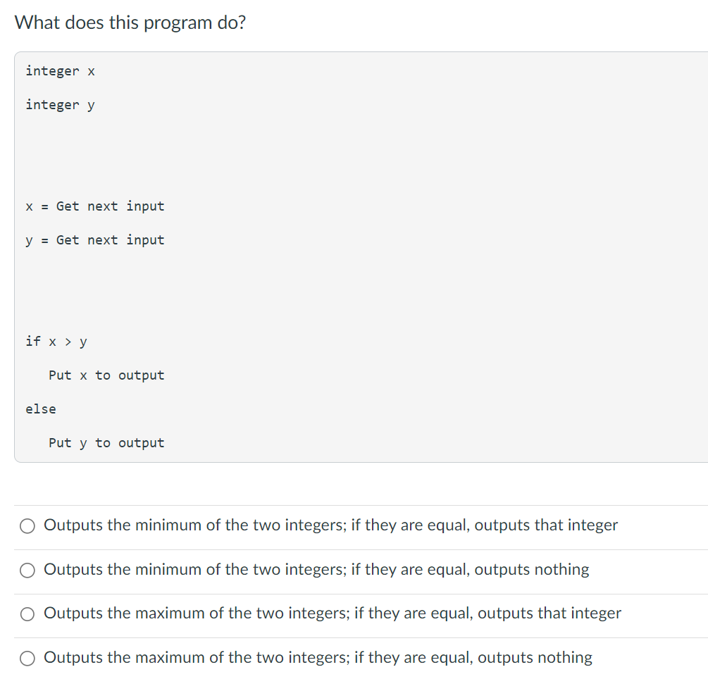 Solved What does this program do? integer x integer y x= | Chegg.com
