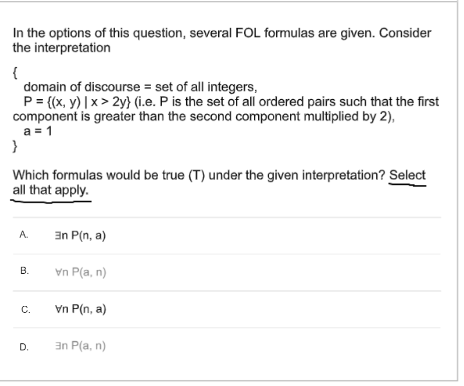 Solved In the options of this question, several FOL formulas | Chegg.com