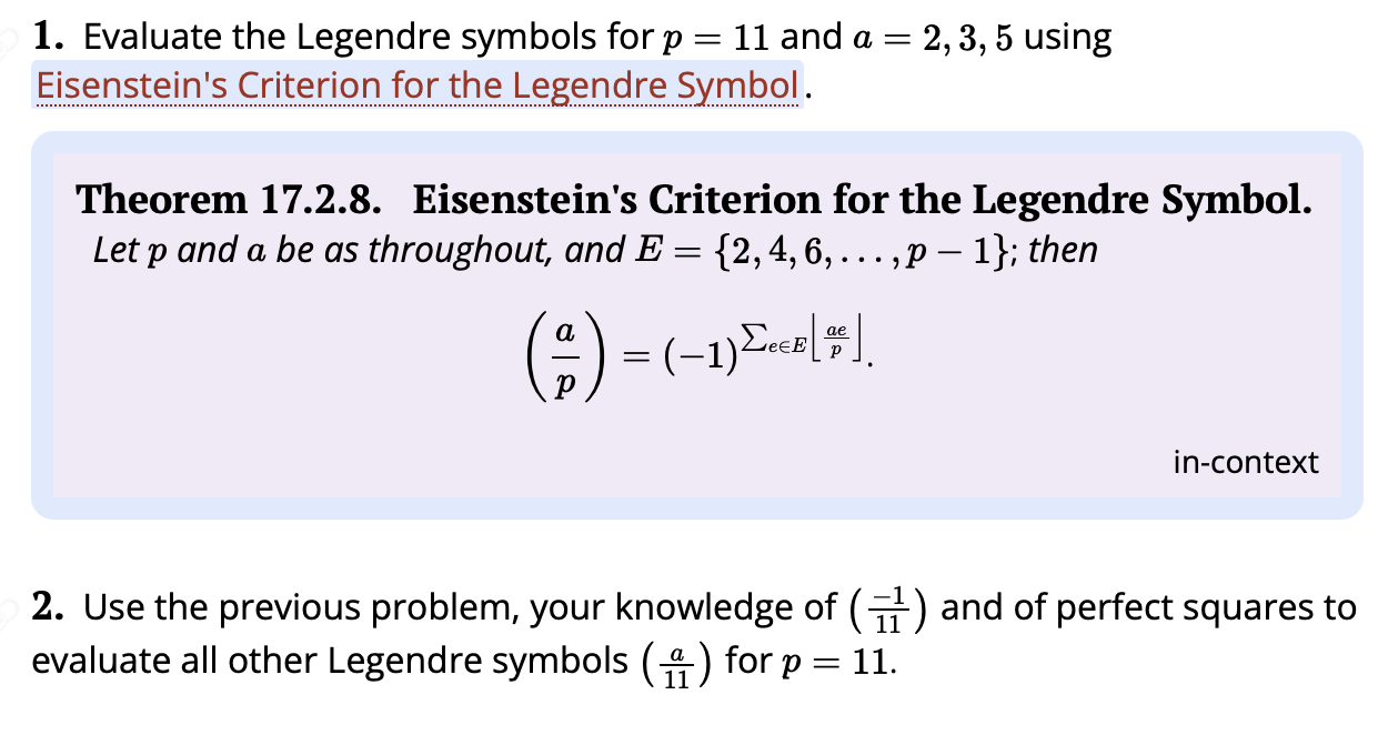 Solved = 1. Evaluate the Legendre symbols for p 11 and a= | Chegg.com