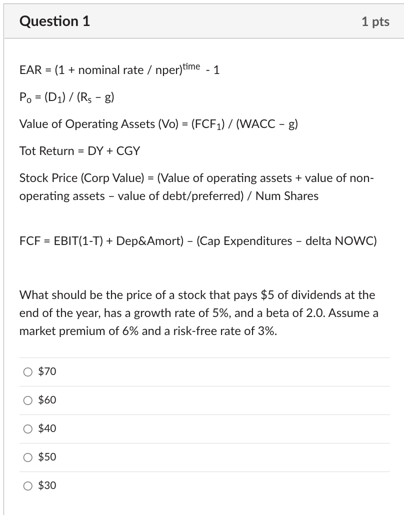Solved Question 1 1 pts EAR=(1+ nominal rate /nper)time−1 | Chegg.com