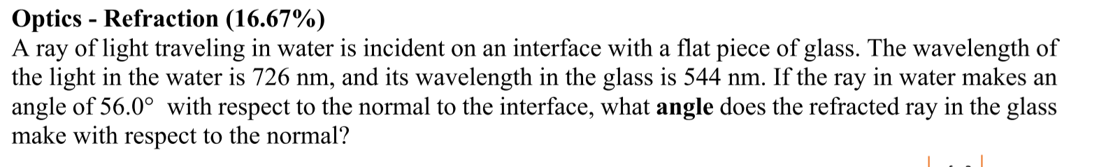 Solved Optics - Refraction (16.67\%) A ray of light | Chegg.com