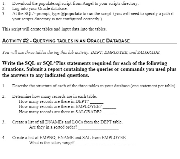 Solved 1. Download the populate.sql script from Angel to | Chegg.com