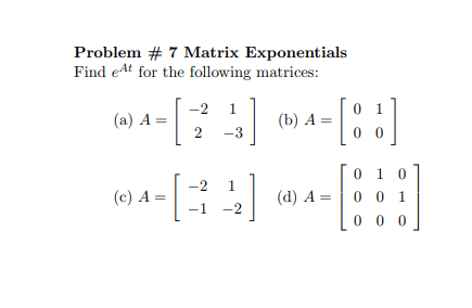 Solved Problem # 7 Matrix Exponentials Find eAt for the | Chegg.com