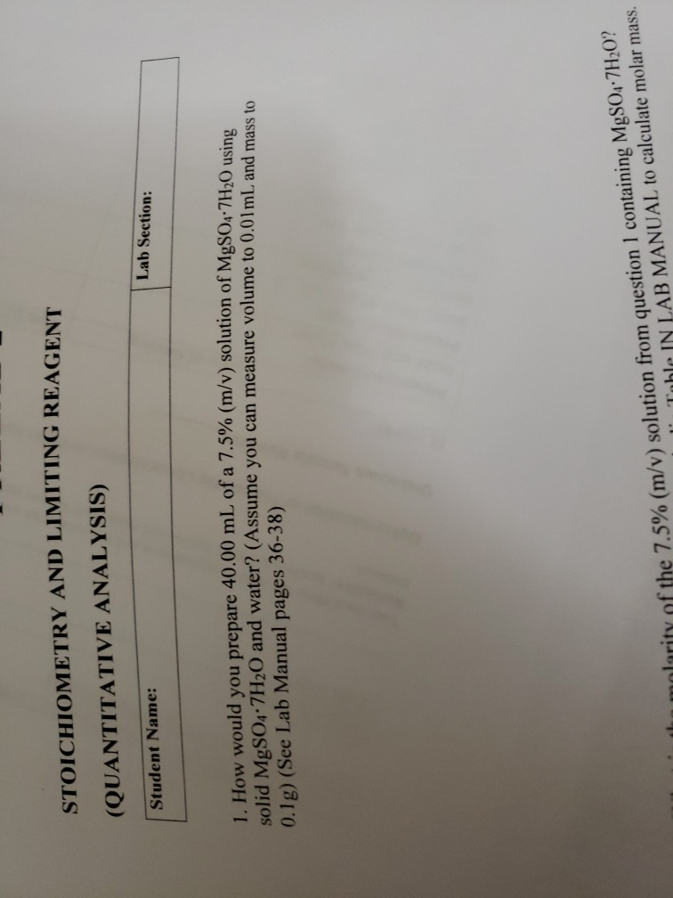 Solved STOICHIOMETRY AND LIMITING REAGENT (QUANTITATIVE | Chegg.com