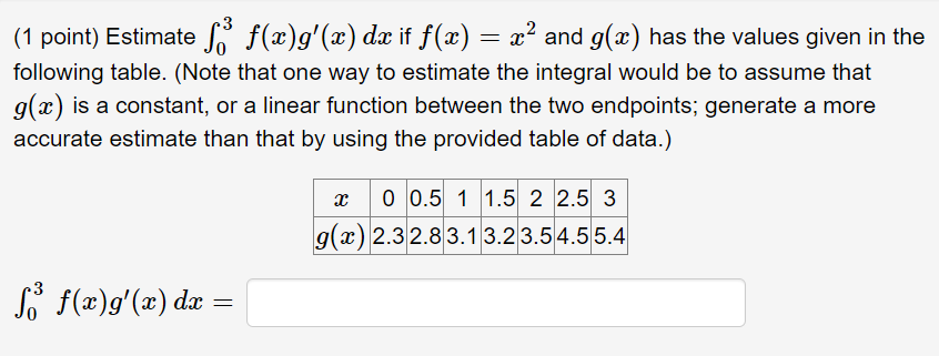 Solved (1 point) Estimate ∫03f(x)g′(x)dx if f(x)=x2 and g(x) | Chegg.com