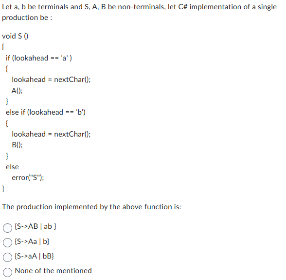 Solved Let a,b ﻿be terminals and S,A,B ﻿be non-terminals, | Chegg.com