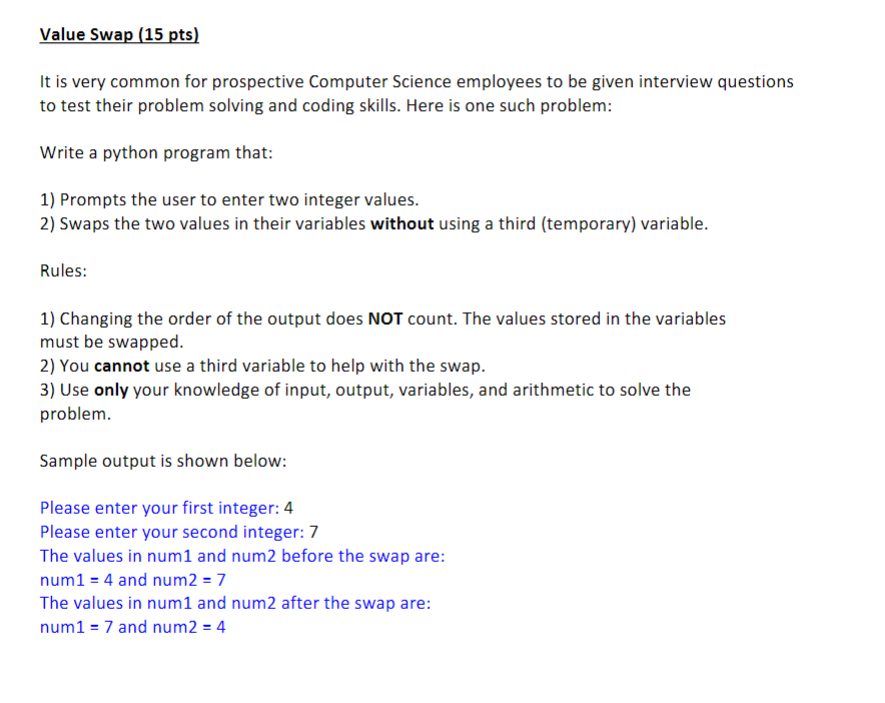 Solved Value Swap (15 pts) It is very common for prospective | Chegg.com