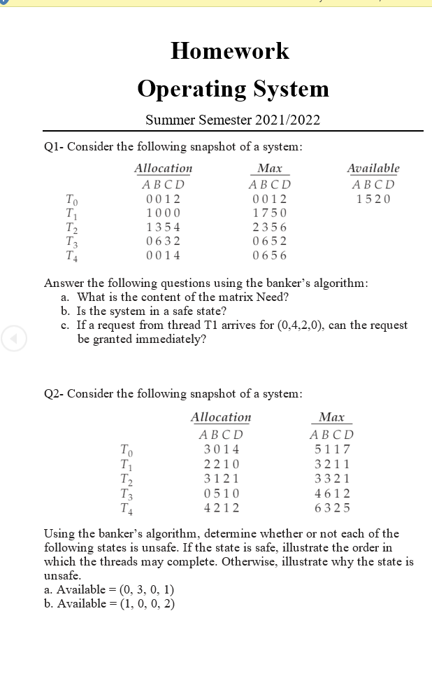 Solved Homework Operating System Summer Semester 2021/2022 | Chegg.com