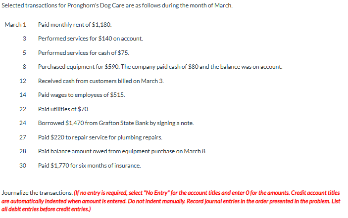 Solved Selected transactions for Pronghorn's Dog Care are as | Chegg.com Solved Selected transactions for Pronghorn's Dog Care are as | Chegg.com