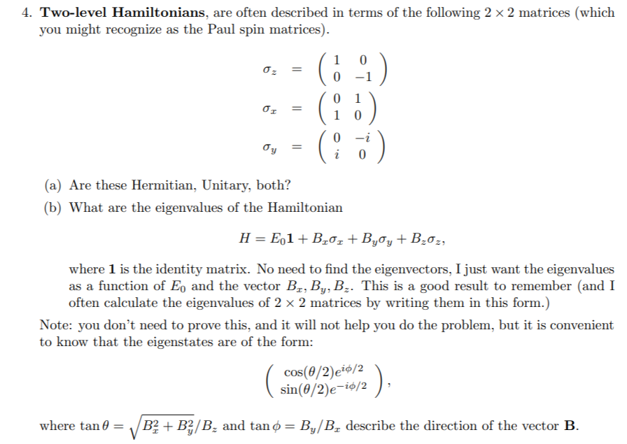 Solved 4. Two-level Hamiltonians, are often described in | Chegg.com