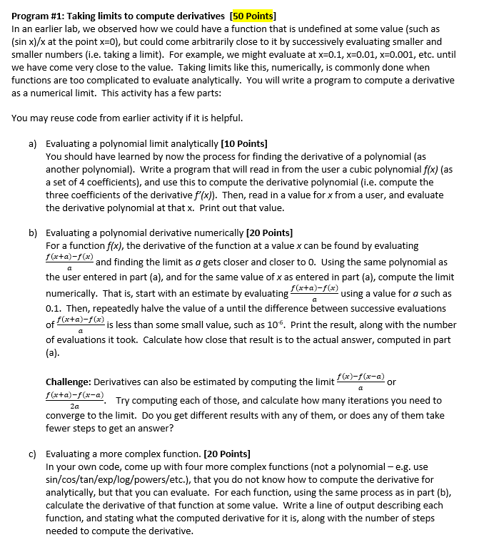 Program #1: Taking limits to compute derivatives (50 | Chegg.com