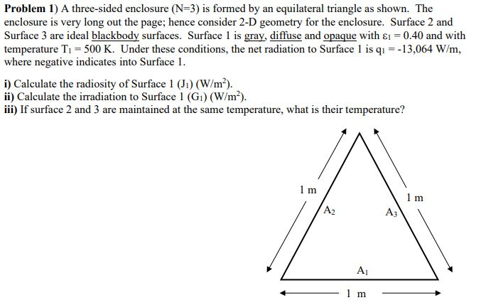 Solved Problem 1) A three-sided enclosure (N=3) is formed by | Chegg.com
