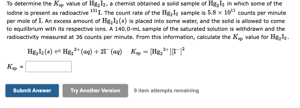 Solved To determine the Ksp value of Hg2I2, a chemist | Chegg.com