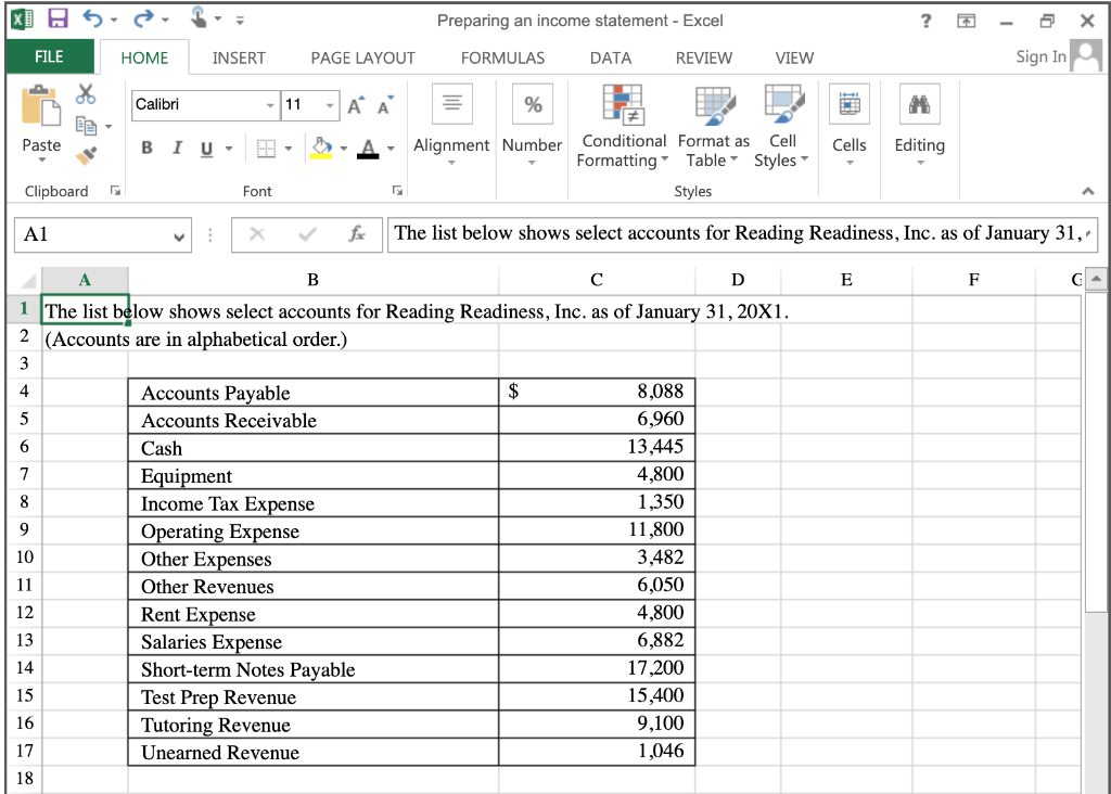 Solved Preparing an income statement - Excel ? Х FILE HOME | Chegg.com